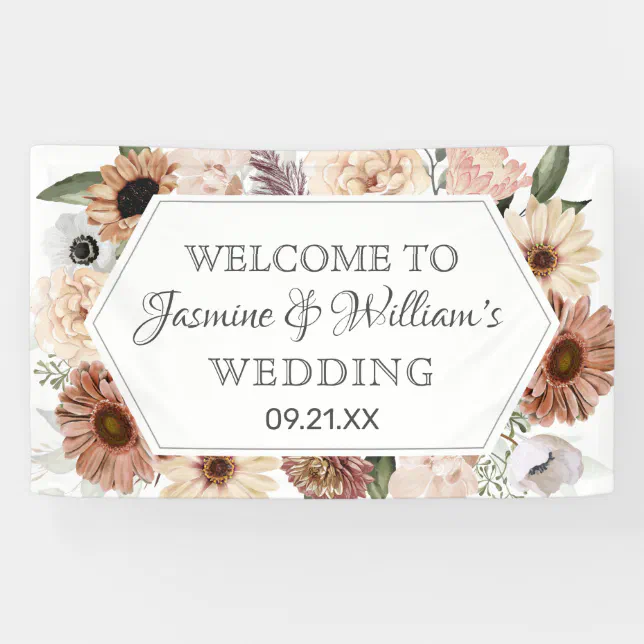 Rustic Watercolor Neutral Boho Floral Wedding Banner | Zazzle