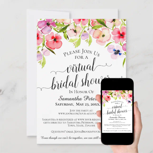 Rustic Watercolor Pansies Virtual Bridal Shower Invitation | Zazzle