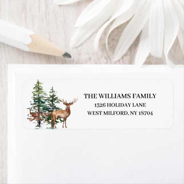 Rustic Watercolor Pine Tree Deer Address Label | Zazzle