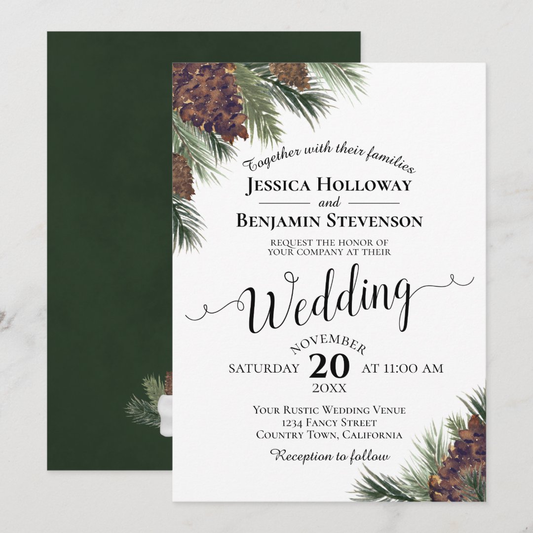 Rustic Watercolor Pinecones Elegant Winter Wedding Invitation | Zazzle