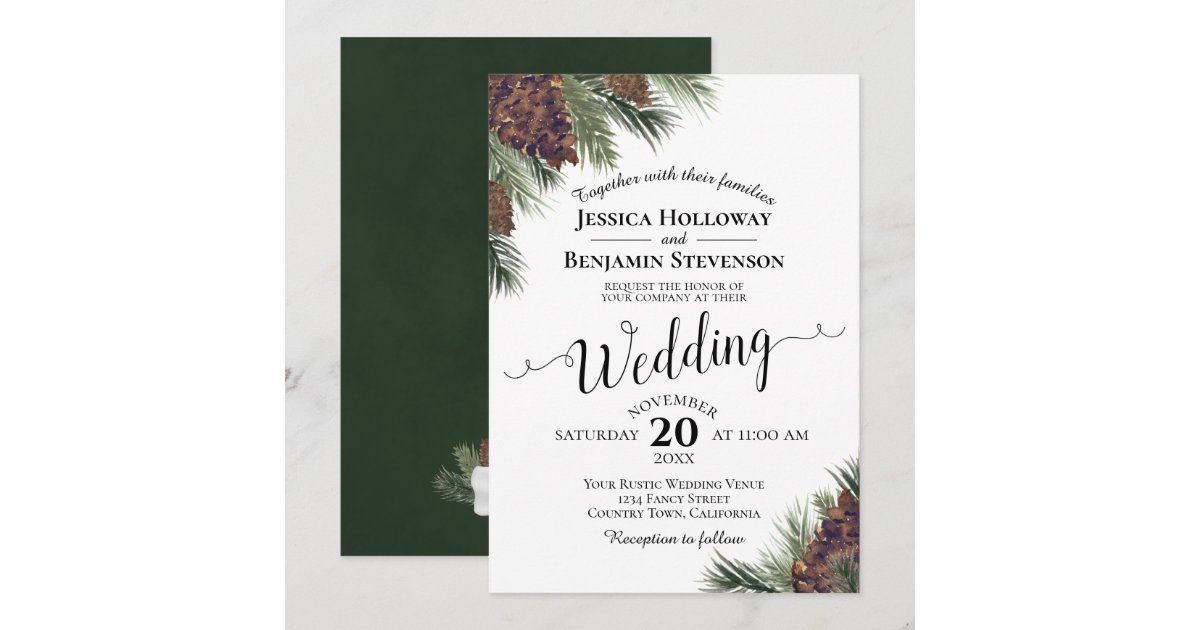 Rustic Watercolor Pinecones Elegant Winter Wedding Invitation | Zazzle