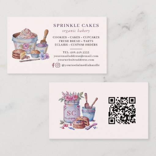 Rustic Watercolor QR Code Bakery Business Card | Zazzle