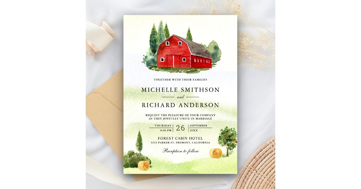 Rustic Watercolor Red Barn Rural Farm Wedding Invitation | Zazzle