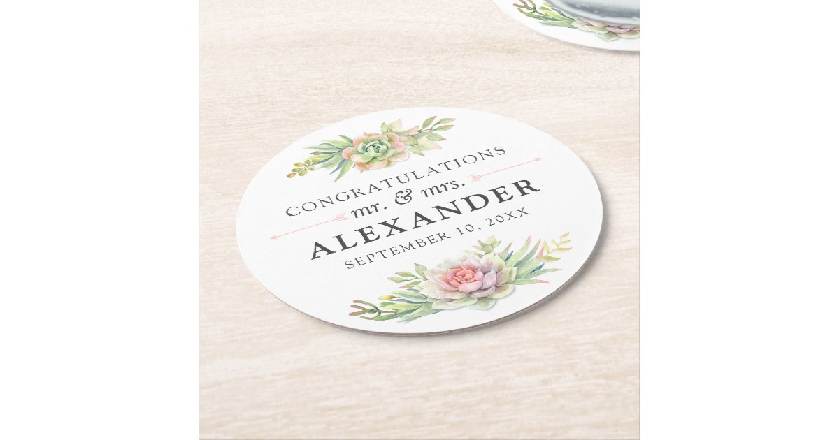 Rustic Watercolor Succulent Desert Cactus Wedding Round Paper Coaster ...