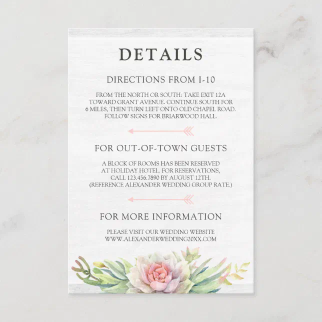 Rustic Watercolor Succulent Details / Directions Enclosure Card | Zazzle
