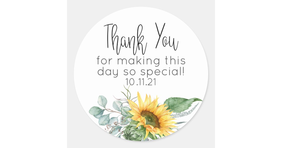 Rustic Watercolor Sunflower Eucalyptus Thank You Classic Round Sticker ...
