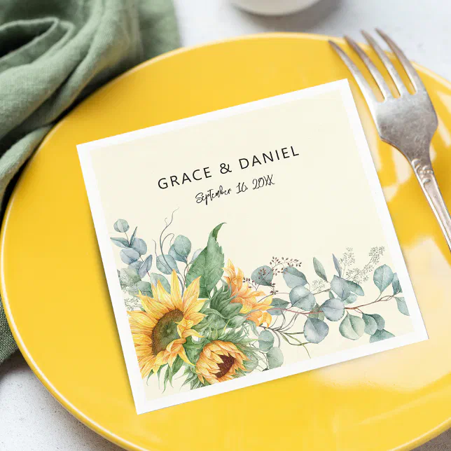 Rustic Watercolor Sunflower Eucalyptus Wedding Napkins | Zazzle