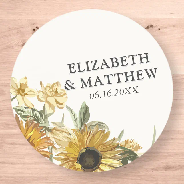 Rustic Watercolor Sunflower Florals Wedding Classic Round Sticker | Zazzle
