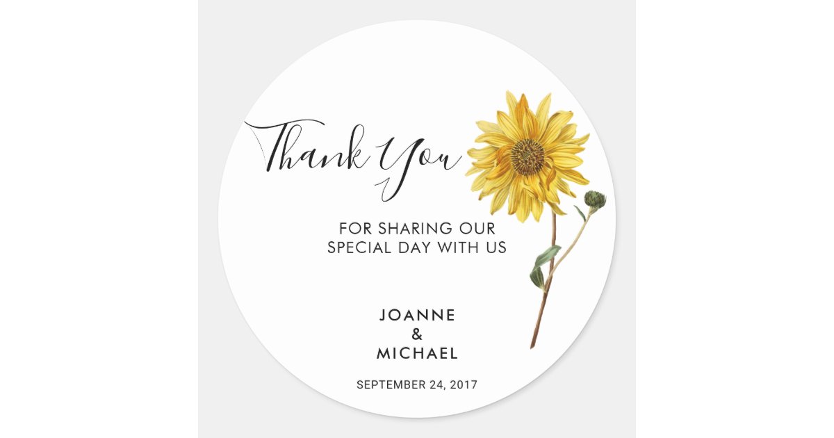Rustic watercolor sunflower Wedding Thank You Classic Round Sticker ...