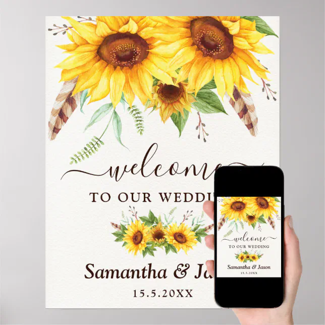Rustic Watercolor Sunflowers Wedding Welcome Party Poster | Zazzle