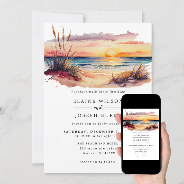 Rustic Watercolor Sunset Beach Seascape Wedding Invitation | Zazzle