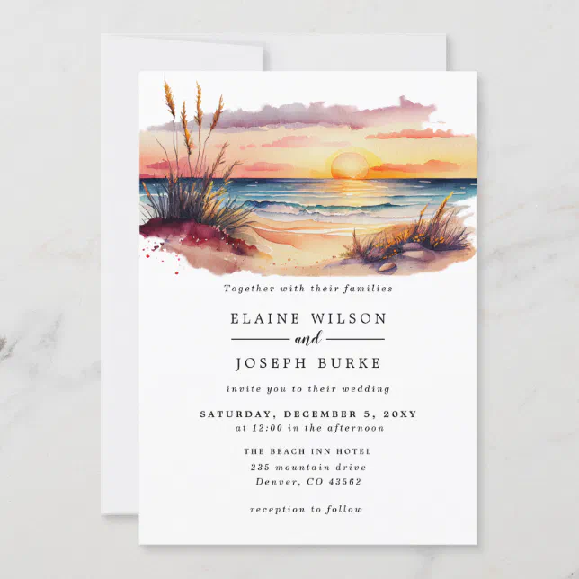 Rustic Watercolor Sunset Beach Seascape Wedding Invitation | Zazzle
