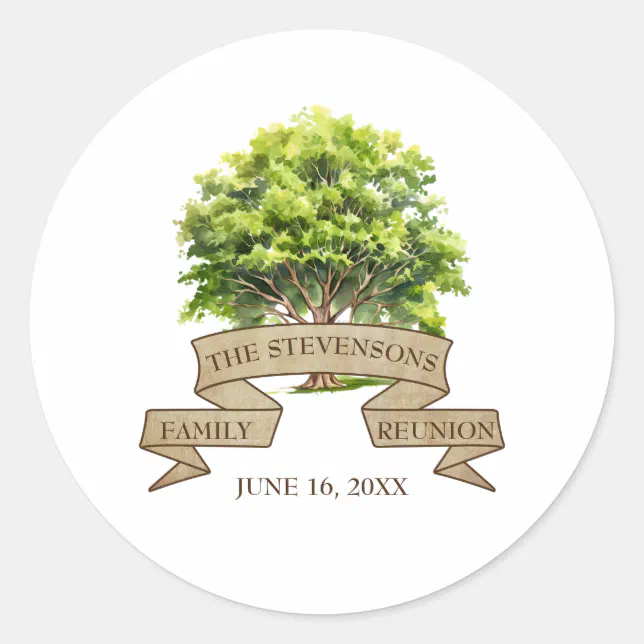 Rustic Watercolor Tree Family Reunion Classic Round Sticker | Zazzle