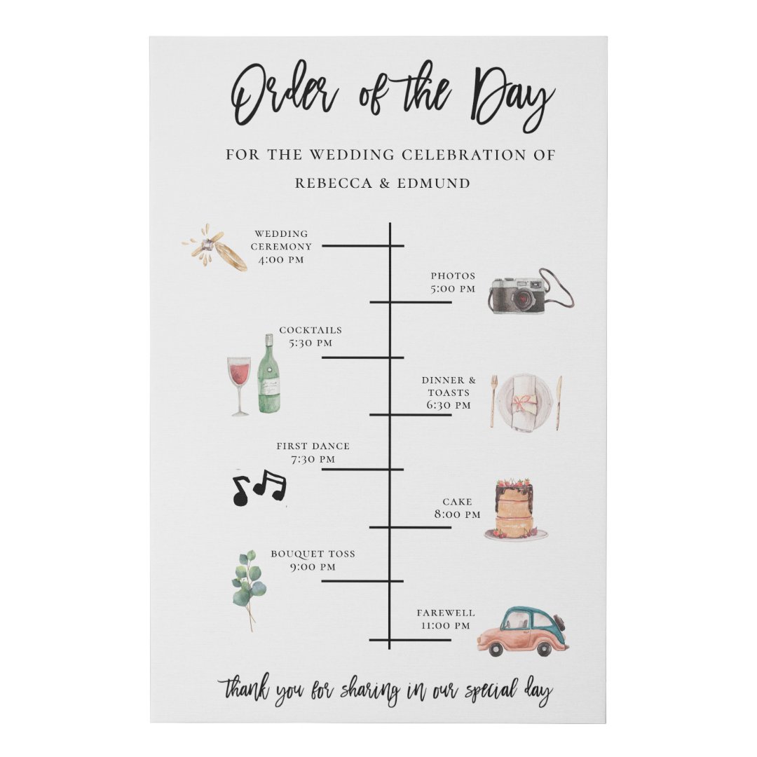 Rustic Watercolor Wedding Timeline Faux Canvas Print | Zazzle
