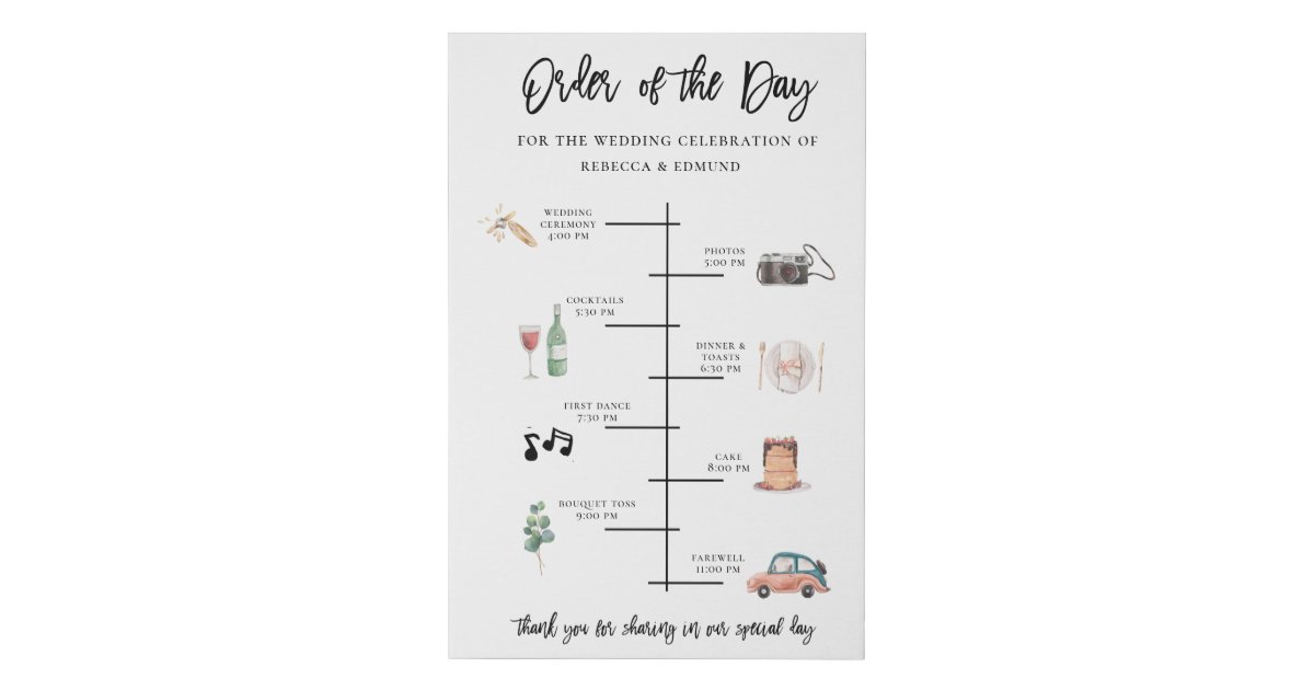 Rustic Watercolor Wedding Timeline Faux Canvas Print | Zazzle