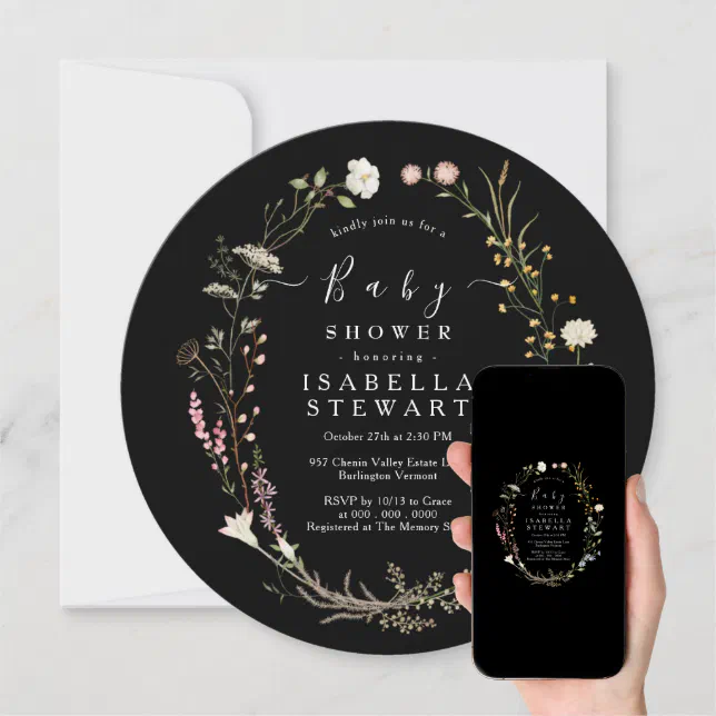 Rustic Watercolor Wildflower Black Baby Shower Invitation | Zazzle