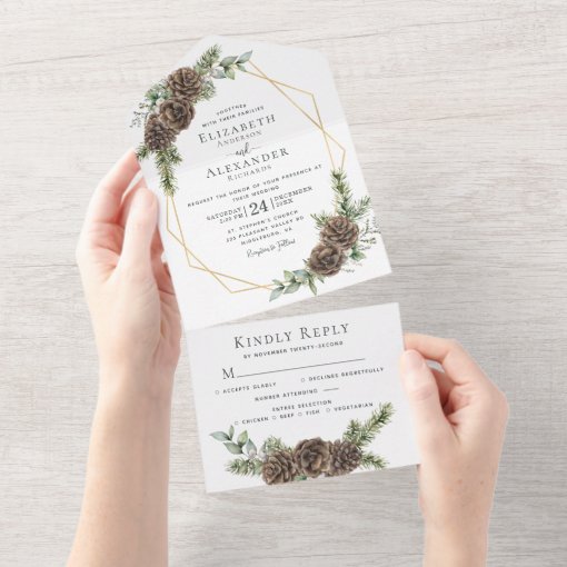 Rustic Watercolor Winter Forest Pine Cone Wedding All In One Invitation ...