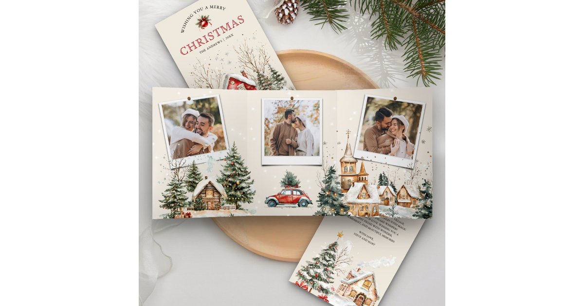 Rustic Watercolor Winter Village 4 Photo Christmas Tri-Fold Holiday ...