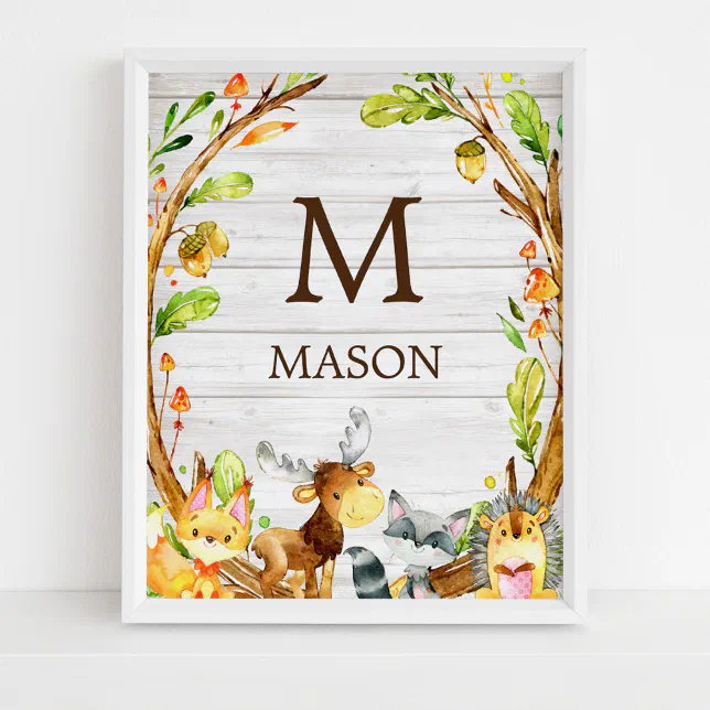 Rustic Watercolor Woodland Animals Personalized Poster | Zazzle