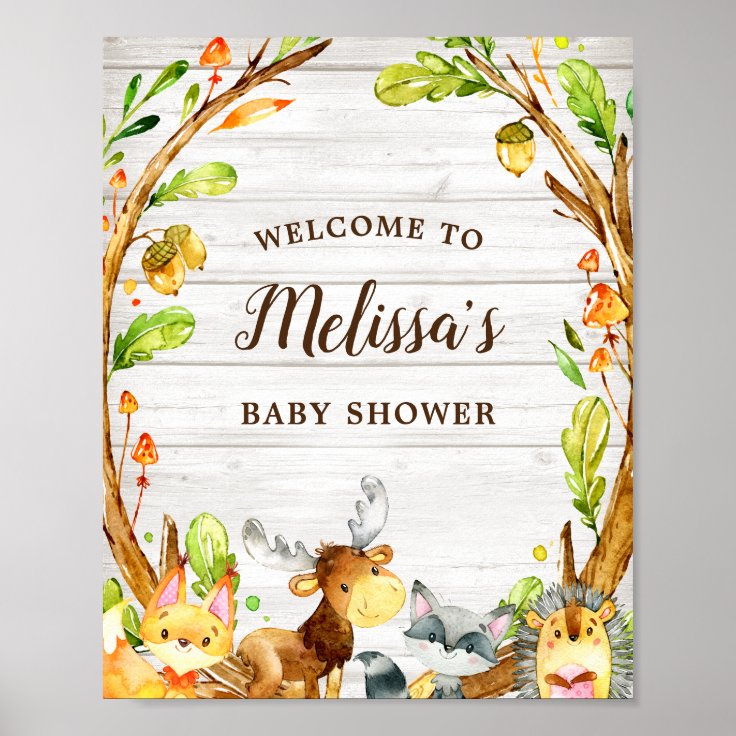 Rustic Watercolor Woodland Animals Welcome Poster | Zazzle