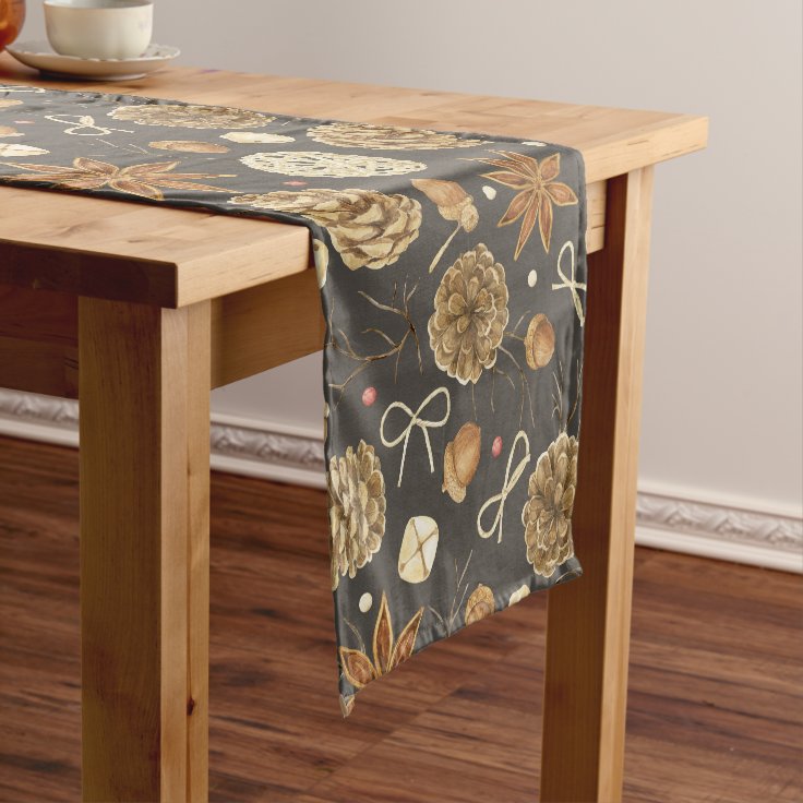 Rustic Watercolor Woodland Pine Cones Fall Short Table Runner | Zazzle