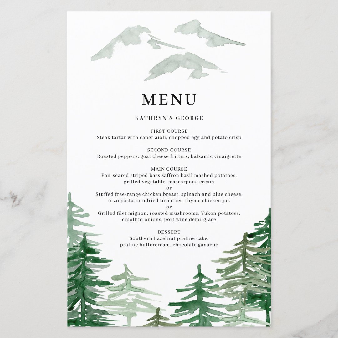 Rustic Watercolor Woodland Wedding Menu Card | Zazzle