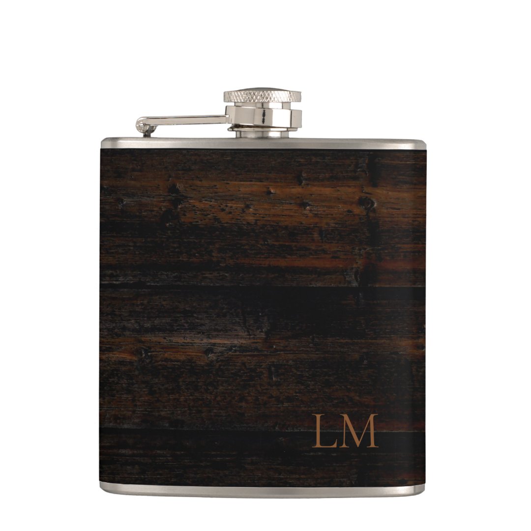 Rustic Weathered Black Brown Wood Wedding Monogram Flask | Zazzle