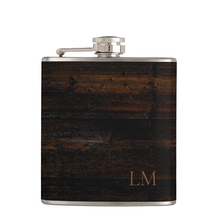 Rustic Weathered Black Brown Wood Wedding Monogram Flask | Zazzle