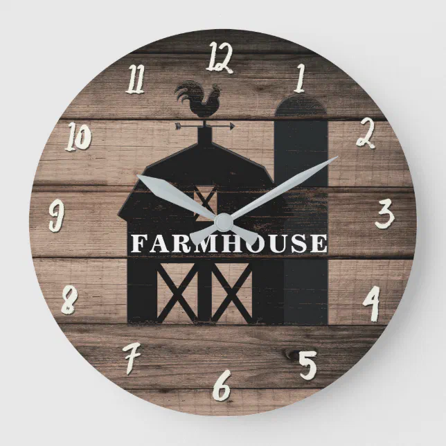 Rustic Weathered Wood Black Barn Country Farmhouse Large Clock | Zazzle