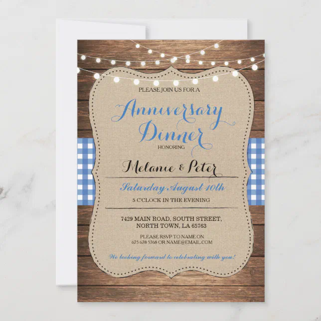 Rustic Wedding Anniversary Blue Party Invitation | Zazzle