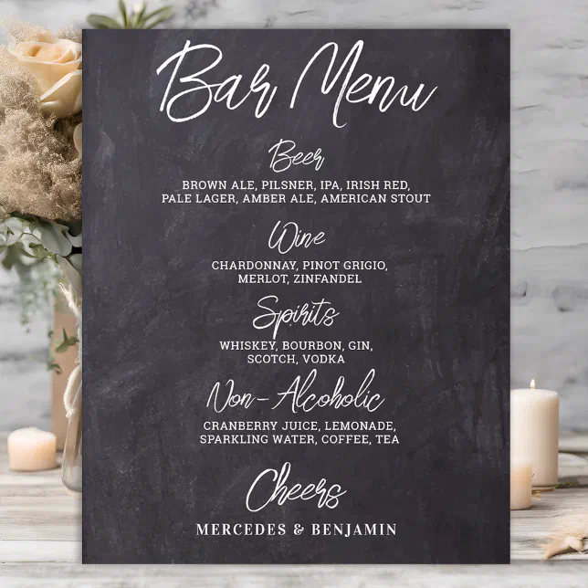 Rustic Wedding Bar Personalized Drink Menu Poster | Zazzle