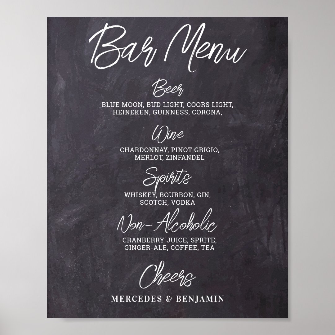 Rustic Wedding Bar Personalized Drink Menu Poster | Zazzle