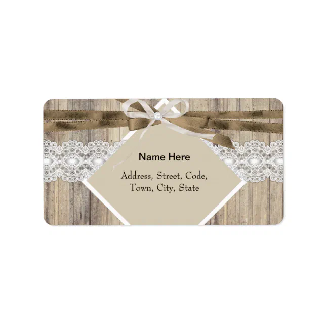 Rustic Wedding Beige White Lace Wood Burlap 2 Label | Zazzle