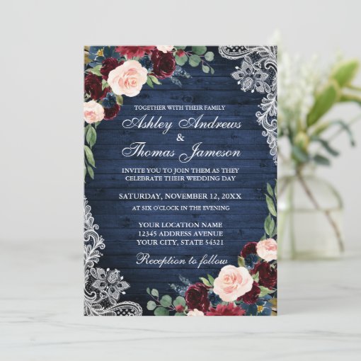 Rustic Wedding Blue Wood Burgundy Blue Floral Invitation | Zazzle