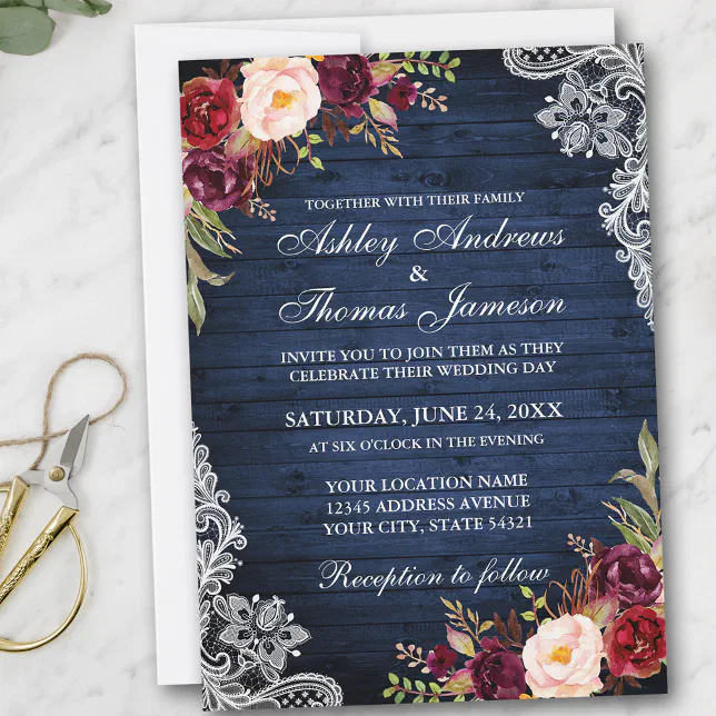 Rustic Wedding Blue Wood Burgundy Floral Lace Invitation | Zazzle