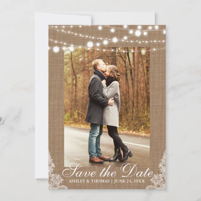 Rustic Wedding Burlap Lace Lights Save the Date | Zazzle