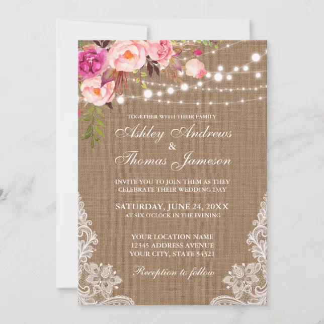 Rustic Wedding Burlap Lights Floral Lace Invite | Zazzle
