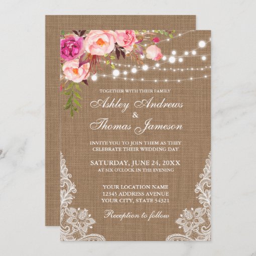 Rustic Wedding Burlap Lights Floral Lace Invite | Zazzle
