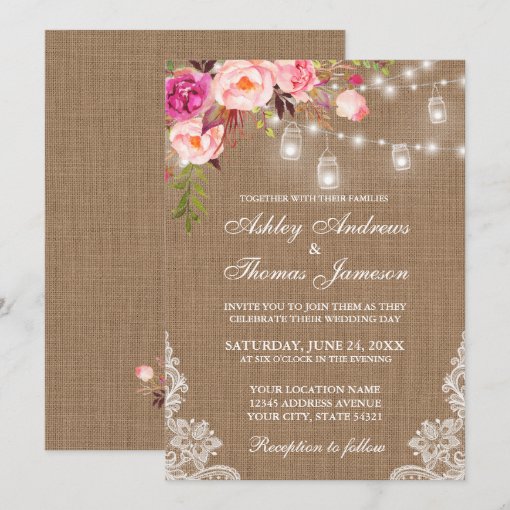 Rustic Wedding Burlap Lights Jars Lace Pink Floral Invitation | Zazzle
