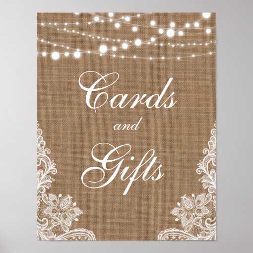 Rustic Wedding Burlap Lights Lace Cards Gifts Poster | Zazzle