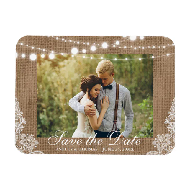 Rustic Wedding Burlap Lights Lace Save the Date Magnet | Zazzle