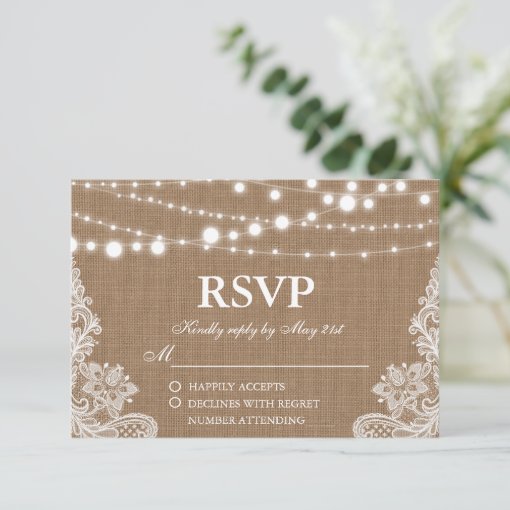 Rustic Wedding Burlap String Lights Lace RSVP Card | Zazzle