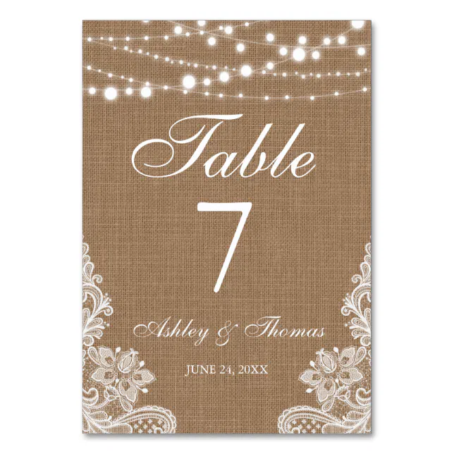 Rustic Wedding Burlap String Lights Lace Table Table Number | Zazzle