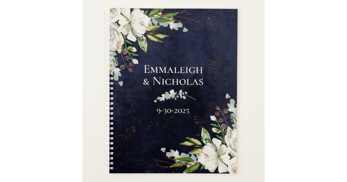 Rustic Wedding Chic Floral Navy Blue Planner | Zazzle