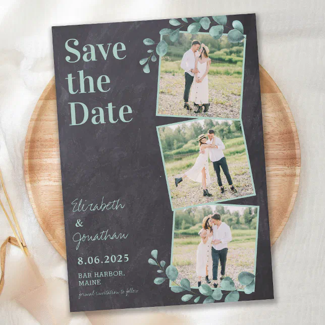 Rustic Wedding Custom Photo Collage Slate Greenery Save The Date | Zazzle