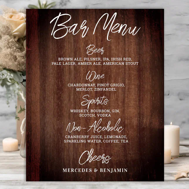 Rustic Wedding Drink Menu Personalized Bar Poster | Zazzle