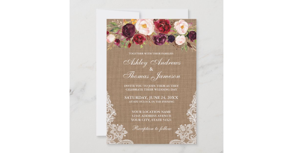 Rustic Wedding Floral Burlap Lights Lace Invite | Zazzle