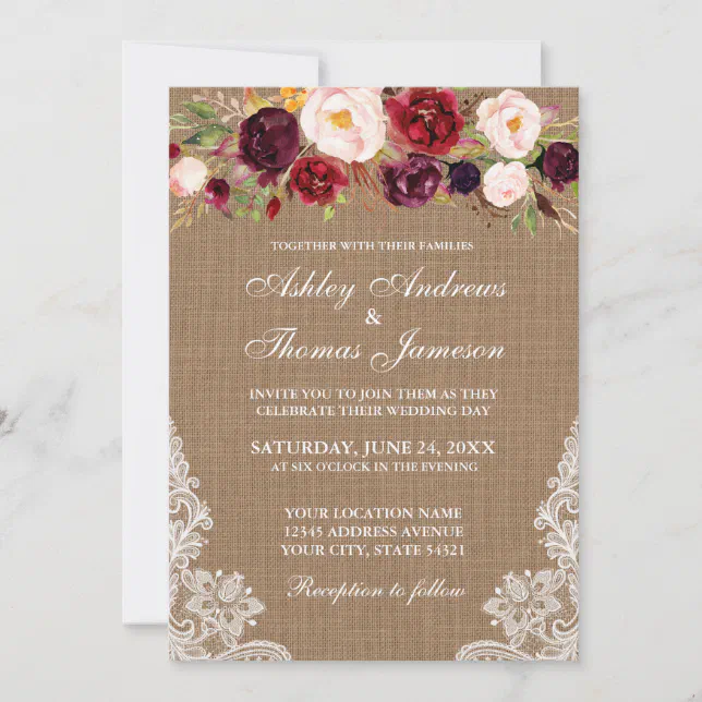 Rustic Wedding Floral Burlap Lights Lace Invite | Zazzle