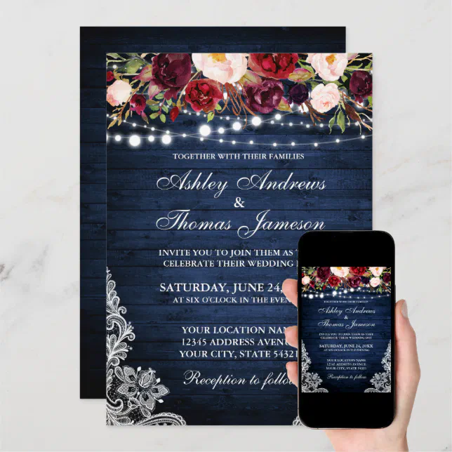 Rustic Wedding Floral Lace Blue Wood Photo Invitation | Zazzle