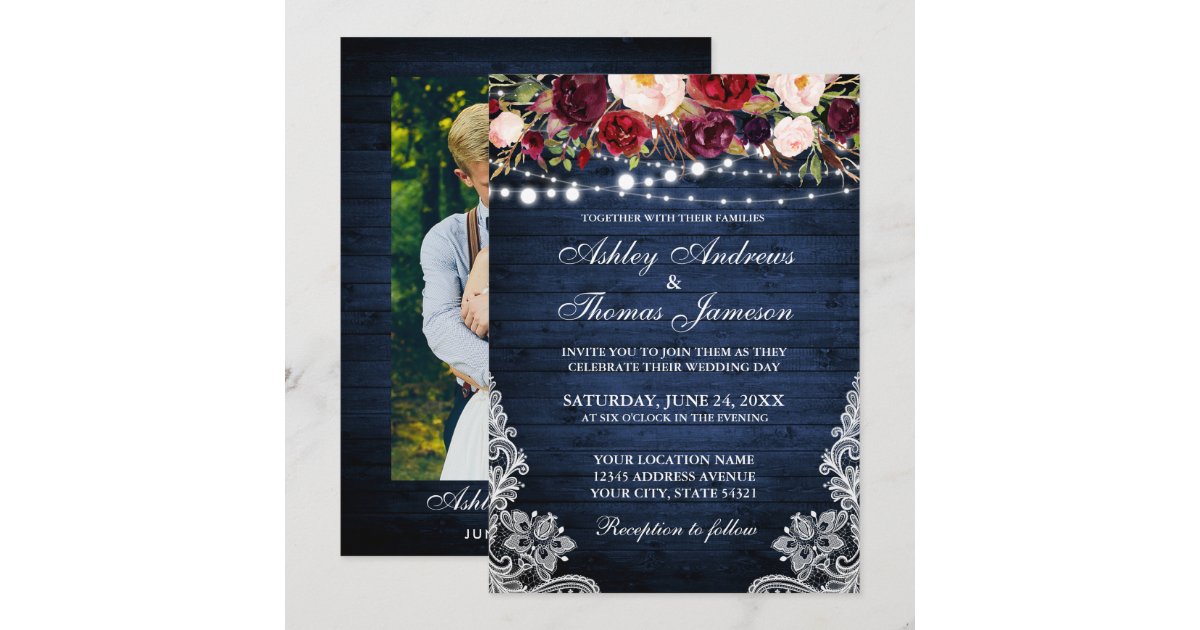 Rustic Wedding Floral Lace Blue Wood Photo Invitation | Zazzle